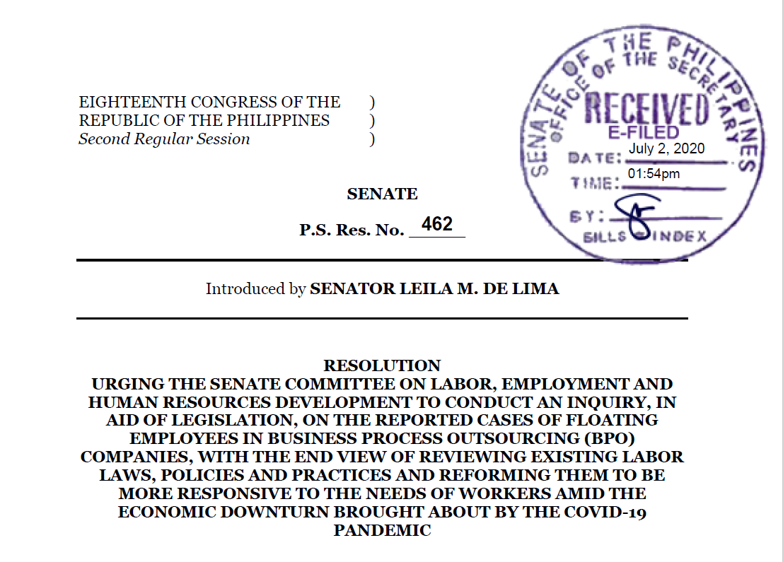 De Lima alarmed over cases of ‘floating’ employees in BPO companies