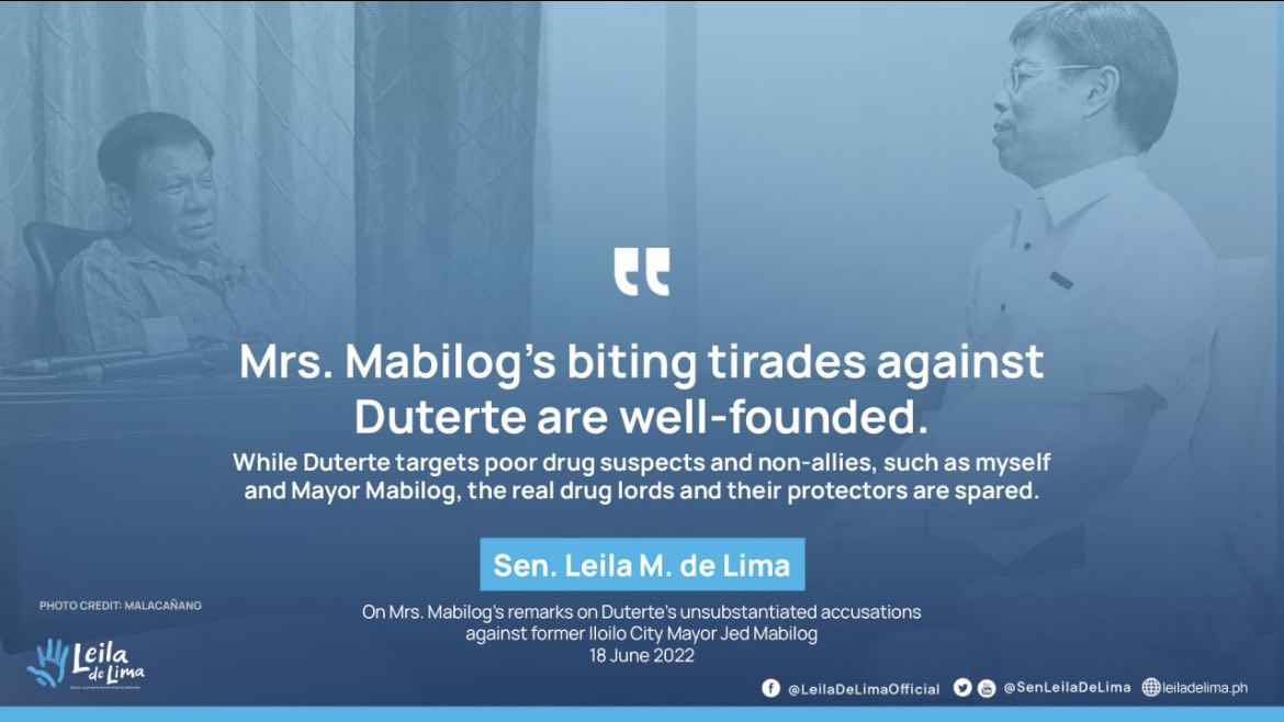 De Lima expresses empathy for Mayor Mabilog’s wife, slams Duterte for ...